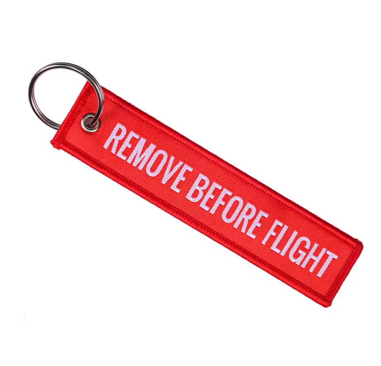 REMOVE BEFORE FLIGHT WOVEN KEYCHAIN SPECIAL LUGGAGE LABEL RED CHAIN NEW ...
