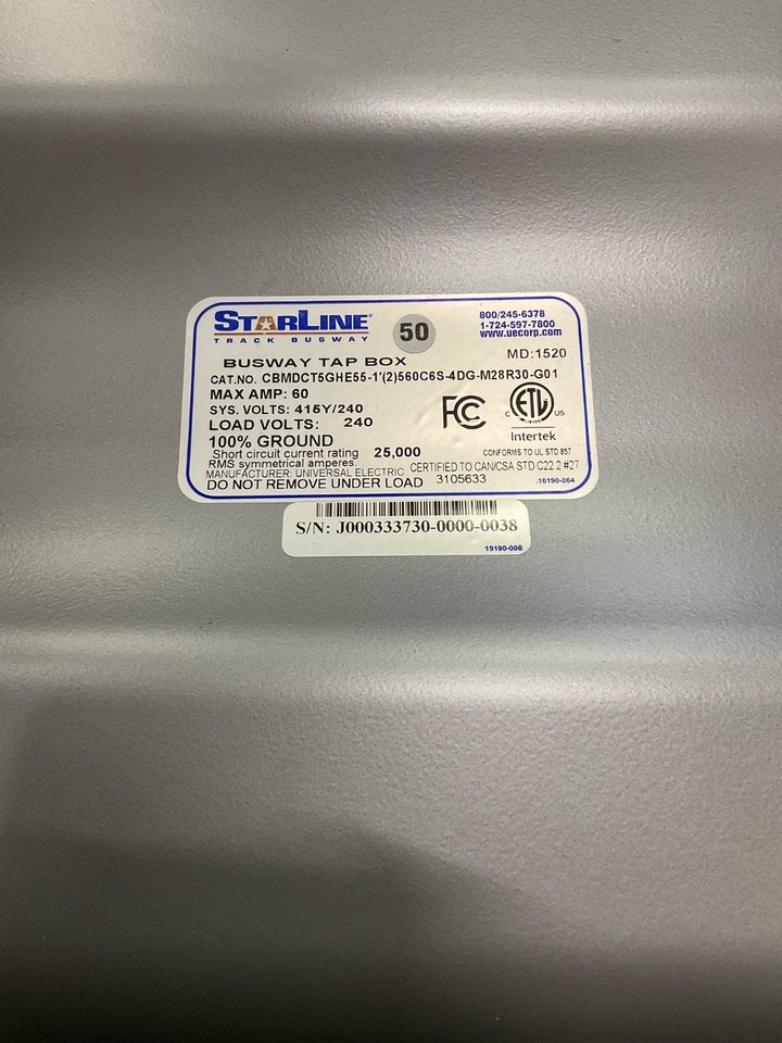 StarLine Busway Tap Box CBMDCT5GHE55-1’-(2)560C6S-4DG… 60A 415Y/240V T5 ...