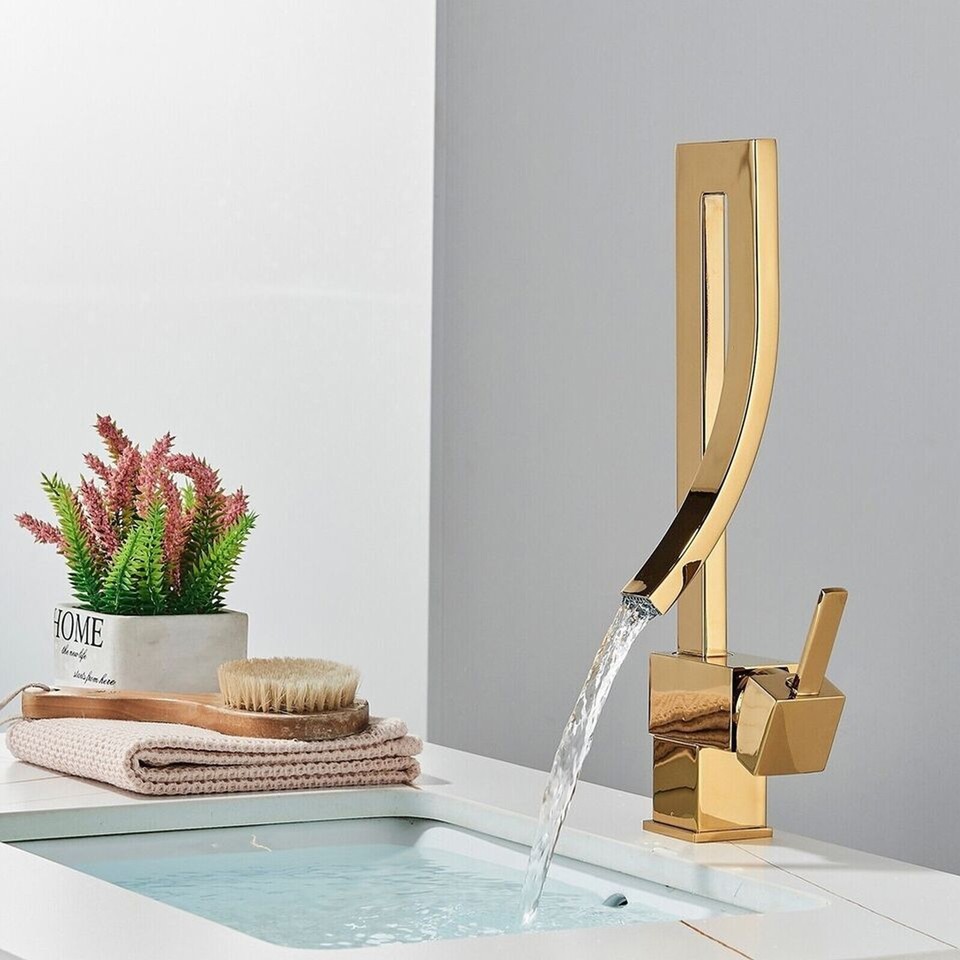 Gold Waterfall Bathroom Basin Sink Faucet Single Handle Single Hole ...