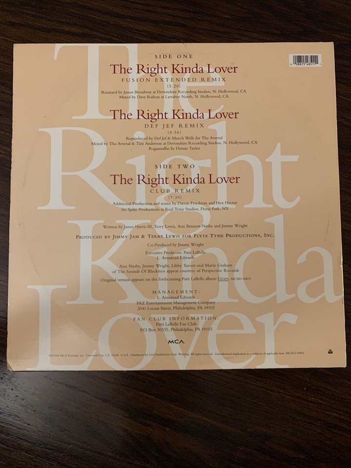 The Right Kinda Lover (Remixes) 12in (Patti LaBelle - 1994) MCST 1995 ...