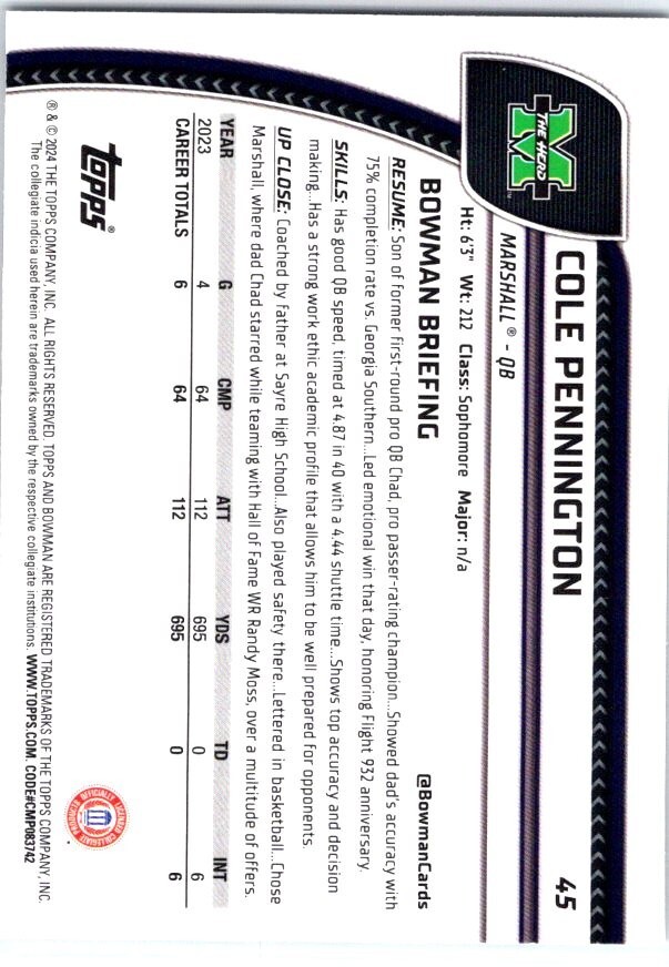 2024 Bowman Chrome U Cole Pennington 1st Bowman Marshall Thundering ...