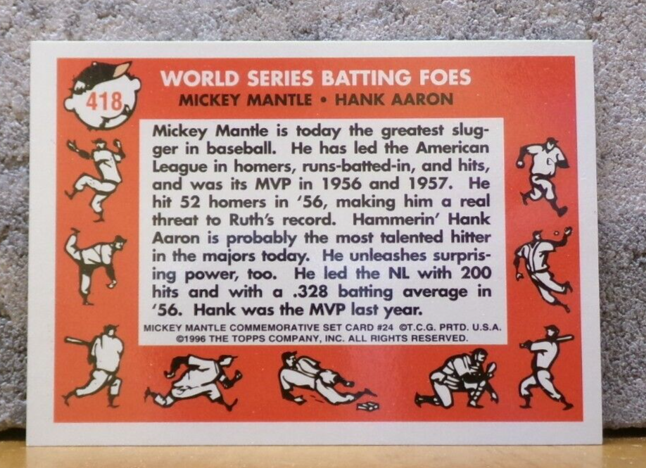 COOL BASEBALL CARD TOPPS WORLD SERIES BATTING FOES MICKEY MANTLE & HANK ...
