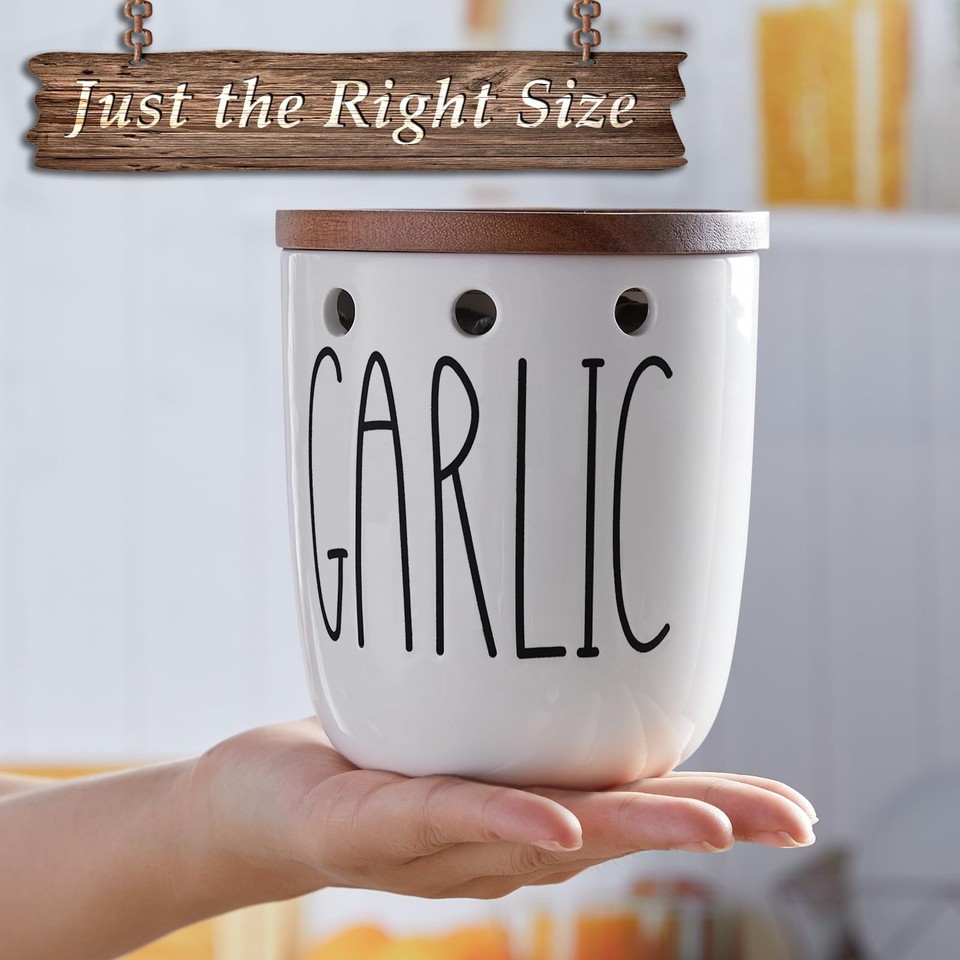 Large Garlic Keeper for Counter, Ceramic Garlic Keeper with Acacia Wood ...