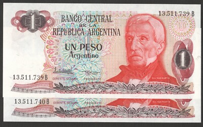 Argentina Banknote Two Consecutive Notes Running Numbers 1 Peso 1983 P ...