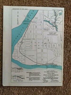 1949 Map Columbia Basin Castle Rock Cowlitz River WA OR Flood Control ...