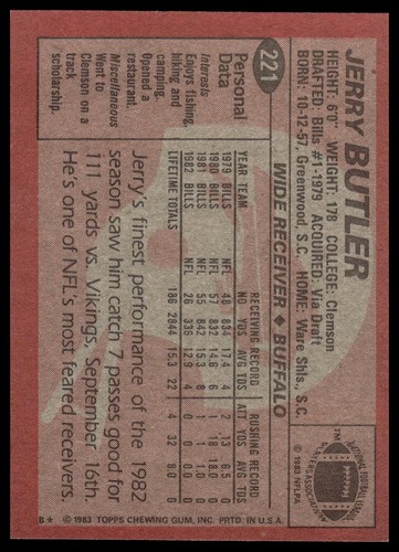 1983 Topps #221 Jerry Butler Buffalo Bills NM+ | eBay