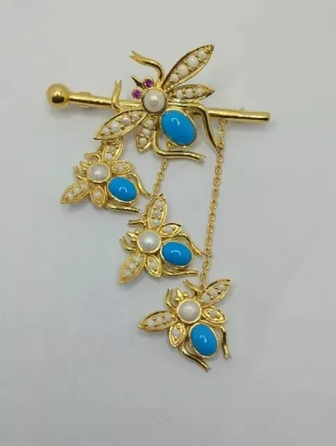 Antique 4.20Ct Turquise & Diamond & Vintage 14k White Gold Plated ...