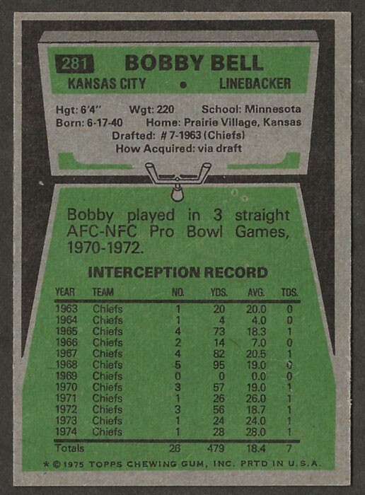 1975 Topps #281 BOBBY BELL Kansas City Chiefs PRO FOOTBALL HALL OF FAME ...