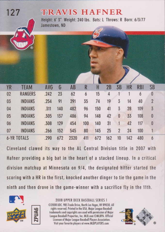 Travis Hafner 2008 Upper Deck # 127 Cleveland Indians Baseball | eBay