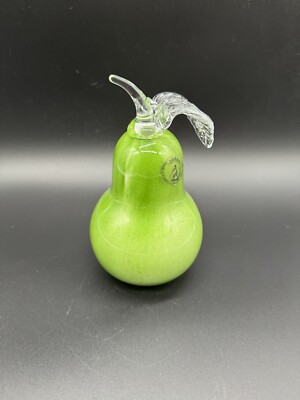Art Glass Green Pear Paperweight with Applied stem and leaf Zorza ...
