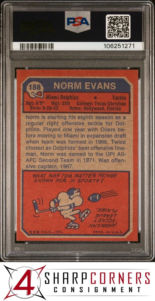 1973 TOPPS #188 NORM EVANS DOLPHINS PSA 8 | eBay