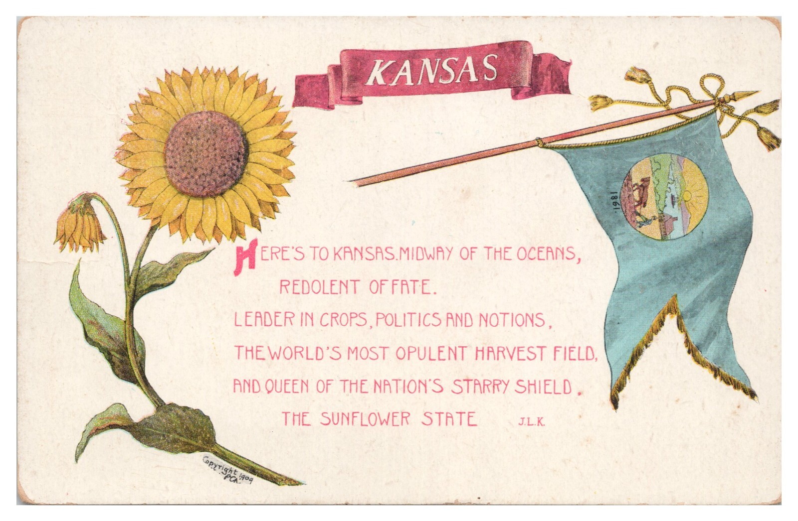 Vintage State of Kansas Poem JLK Postcard c1909 State Flag and Flowers ...