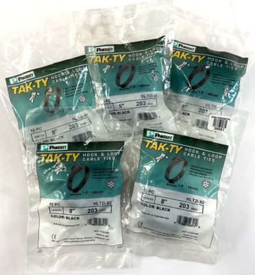 Lot of 5 - Panduit Tak-Ty Hook & Loop Cable Ties 10 each 8" 203mm Part ...