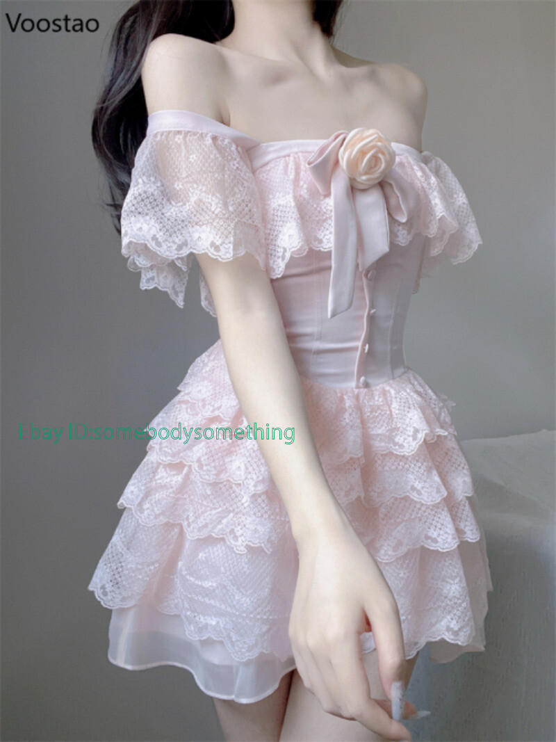 Sweet Pink Princess Dress Women Kawaii Lace Ruffles Flying Sleeve ...