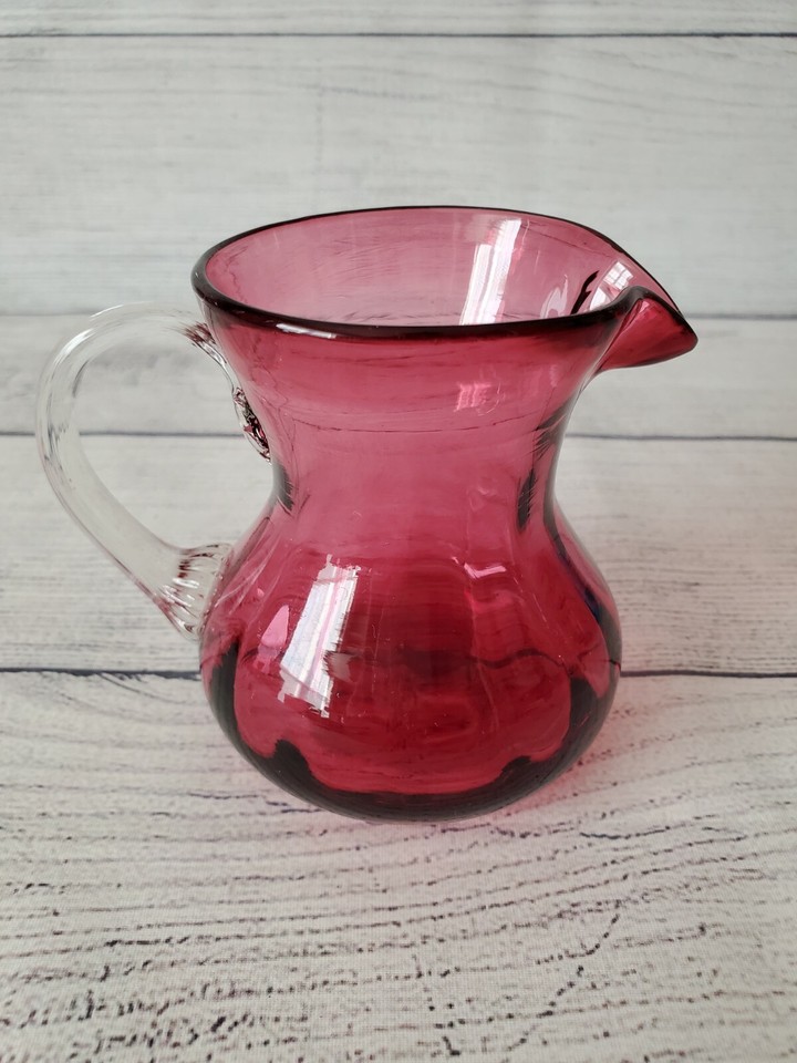 Pilgrim Cranberry Glass Small Creamer Pitcher Hand Blown Applied Handle ...