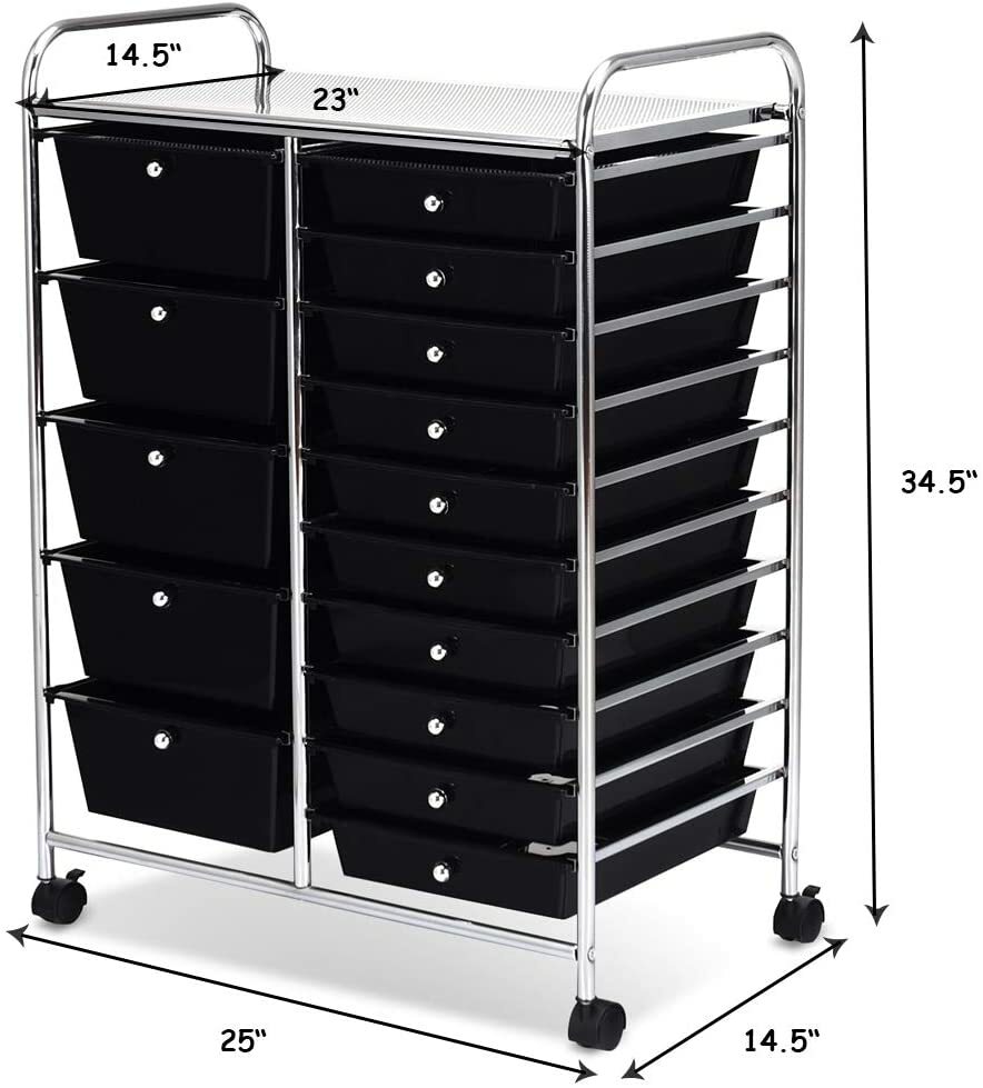 Black 15 Drawer Organizer Cart Chrome Rolling Storage Craft Office ...
