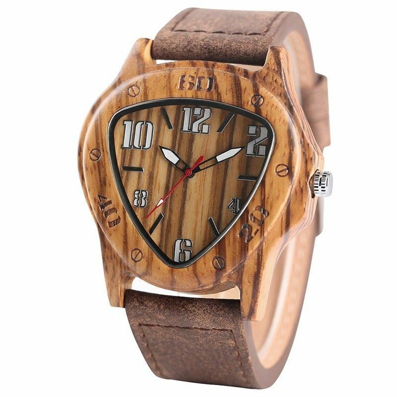 Men's Wooden Wrist Watch Leather Band Natural Triangle Wood Dial Quartz ...