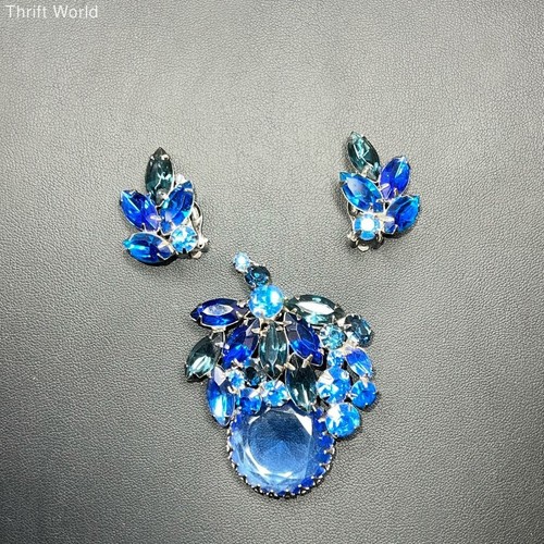 Vintage Weiss Blue Rhinestone Brooch and Clip On Earrings Set | eBay