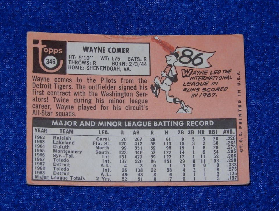 Wayne Comer * Rookie 1969 Topps Baseball #346 ⚾ Seattle Pilots ⚾ poor ...