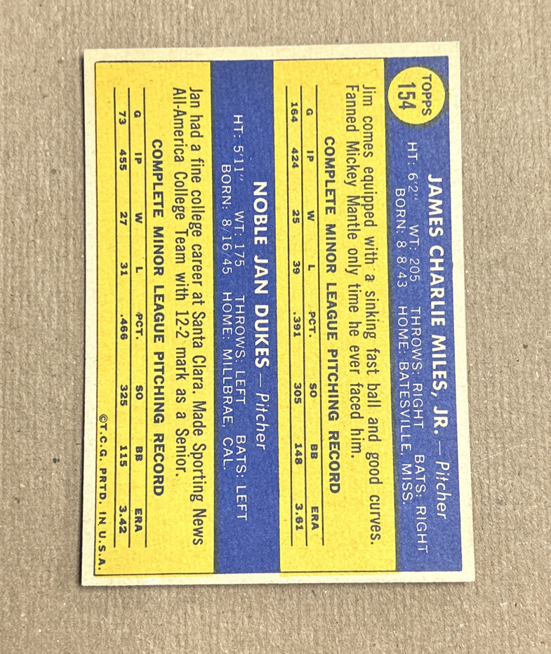 1970 Topps Baseball Jim Miles Jan Dukes Washington Senators Rookie Card ...