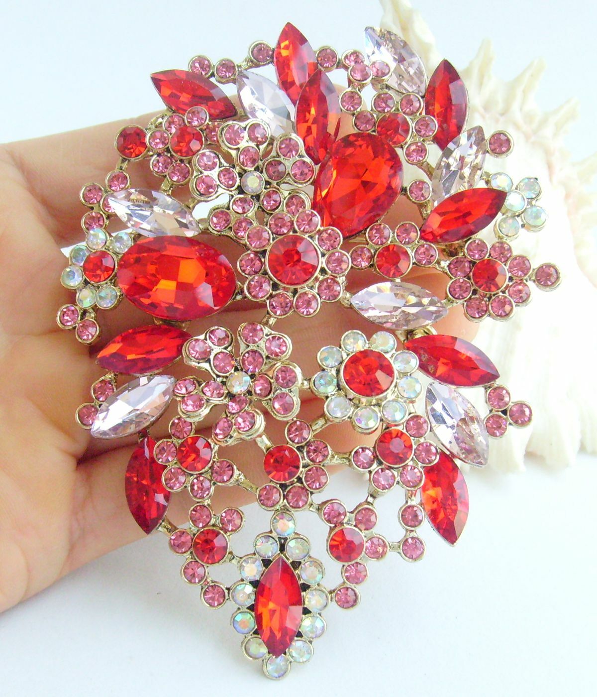Gorgeous 4 Inch Rhinestone Crystal Flower Floral Leaf Brooch Pin ...