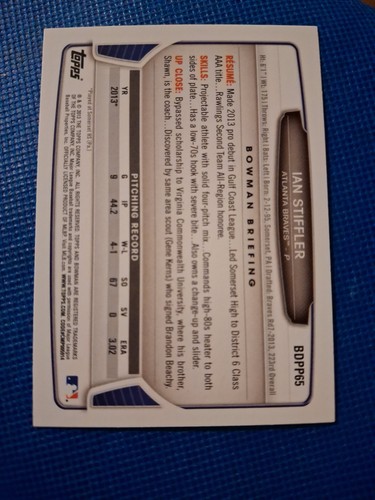 2013 IAN STIFFLER BOWMAN BASEBALL ROOKIE CARD RC #BDPP65 ATLANTA BRAVES ...
