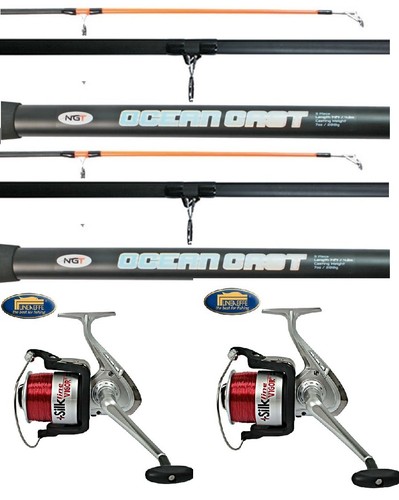 2 x NGT 14 ft Beachcaster Rods Beach Caster Rods Silk 70 Reels Sea ...