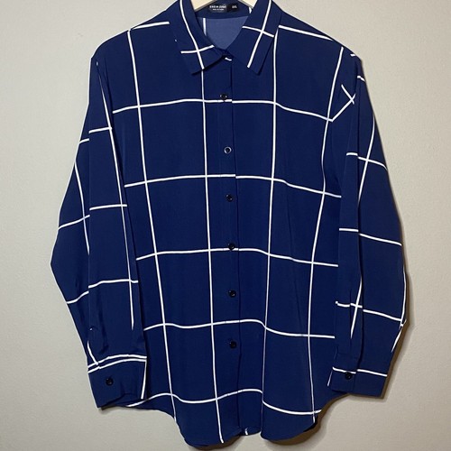 Shien Curve Blouse Women 0XL Blue White Window Pane Long Sleeve Button ...