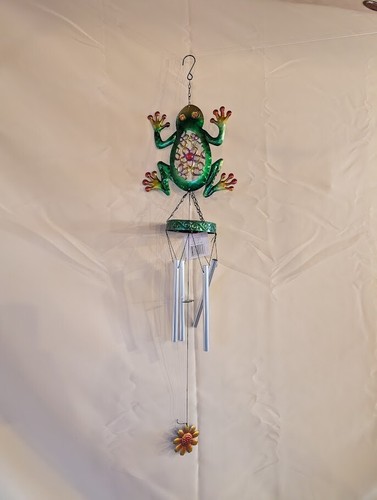 Metal Frog Wind Chime Hanging Garden Decor Green with Floral Cutout 24 ...