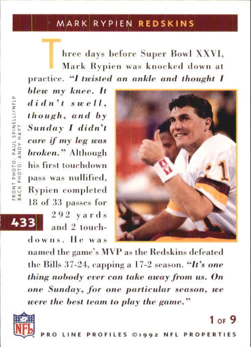 1992 Pro Line Profiles Football Card #433 Mark Rypien | eBay