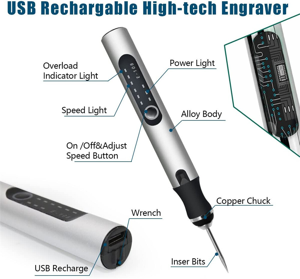Set Electric Engraving Pen Cordless Carving Pen Rechargeable Micro ...