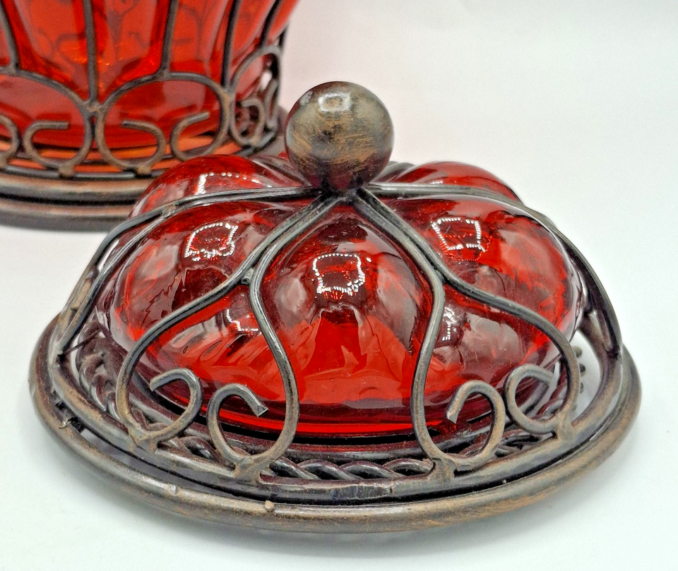 Vintage Ruby Red Bubble Glass Caged in Iron Apothecary Ginger Jar 13.5 ...