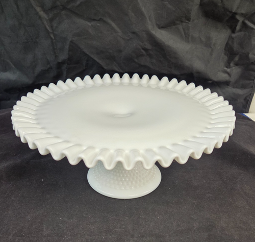 Fenton Hobnail 13” Milk Glass Pedestal Cake Plate Stand Pie Crust Edge ...