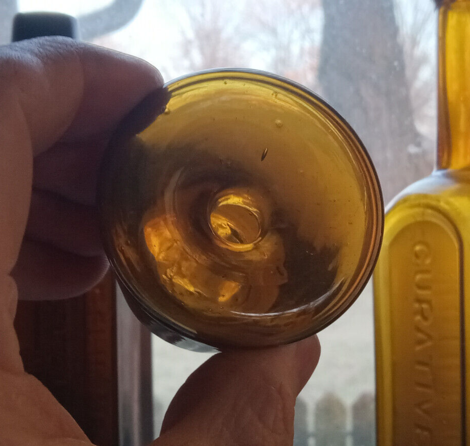 PONTILED OLIVE AMBER FUNNEL INKWELL DIP MOLD BLOWN INK BOTTLE NICE ...