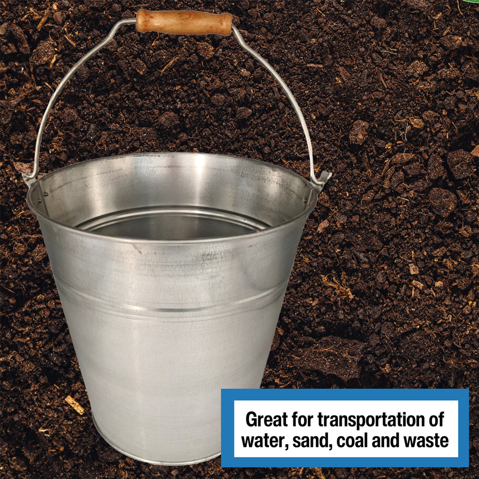 15L LARGE TRADITIONAL GALVANISED STRONG STEEL METAL BUCKET WITH WOODEN ...