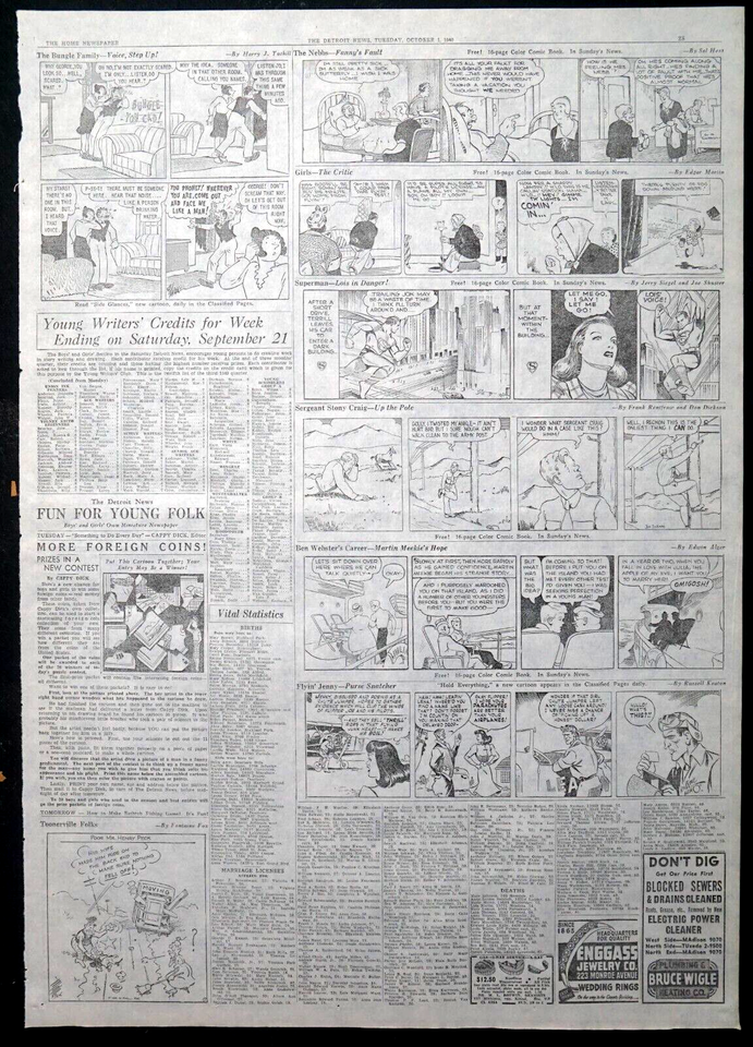 Lot of 13 - 1940 Detroit Newspaper Full Page Daily Comics - Early ...
