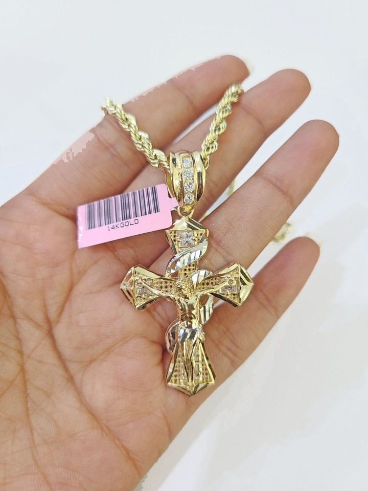 14k Yellow Gold Rope Chain & Jesus Swirl Cross Charm SET 4mm 24 Inches ...
