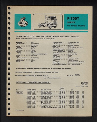 MACK TRUCKS F-700T SERIES 4 PAGE SPECIFICATIONS BROCHURE MAY 1969 | eBay
