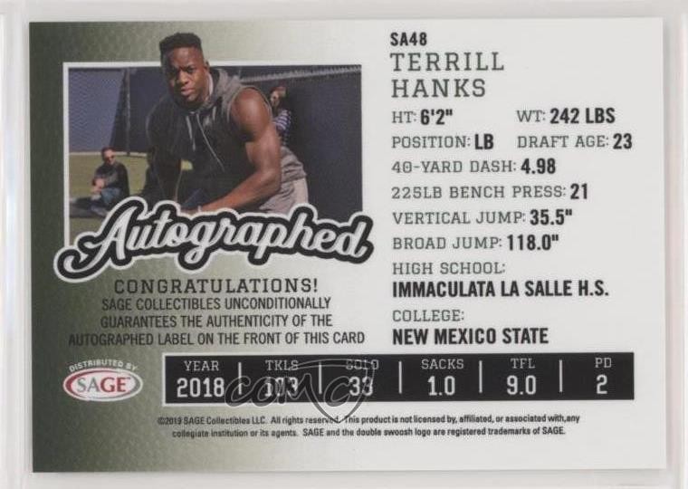 2019 Sage Auto Silver /25 Terrill Hanks #SA48 Auto | eBay