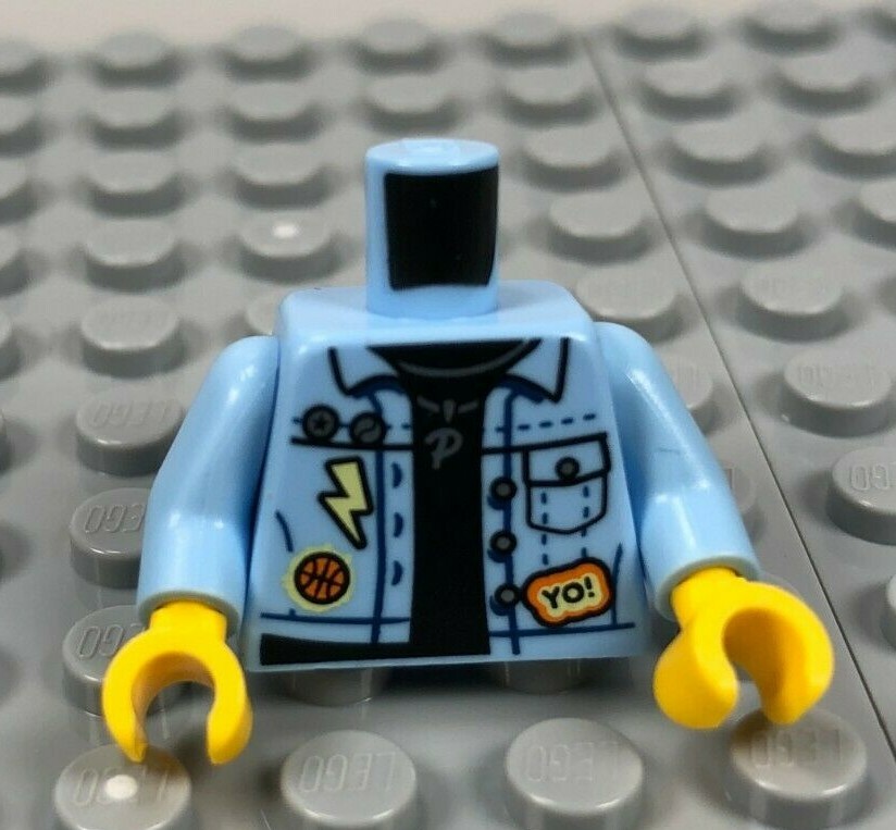 LEGO Minifigure Torso Bright Light Blue Denim Jacket Badges Black Shirt ...