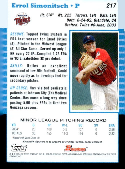 2005 Bowman #217 Errol Simonitsch | eBay