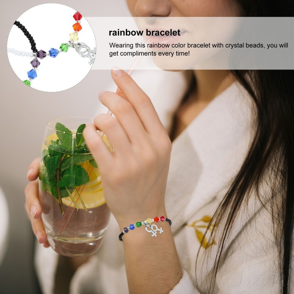 2 Pcs Adjustable Crystal Rainbow Beads Bracelet Wrist Jewelry for Women ...