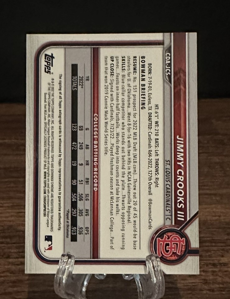 2022 Bowman Draft Chrome JIMMY CROOKS III Prospect True Gold Refractor ...