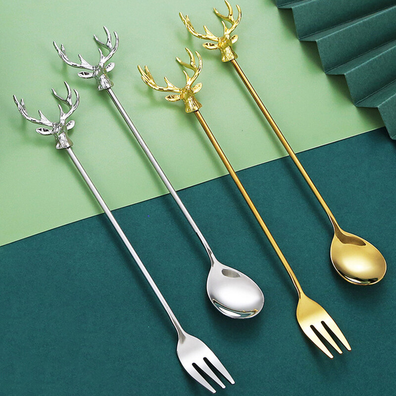 304 Stainless Steel Elk Coffee Spoon Long Handle Stir Dessert Fork ...