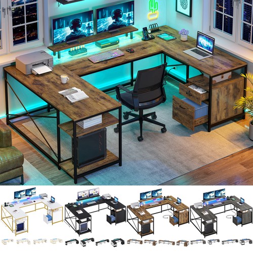 79 inch U Shaped Desk with Power Outlets & LED Lights Reversible ...