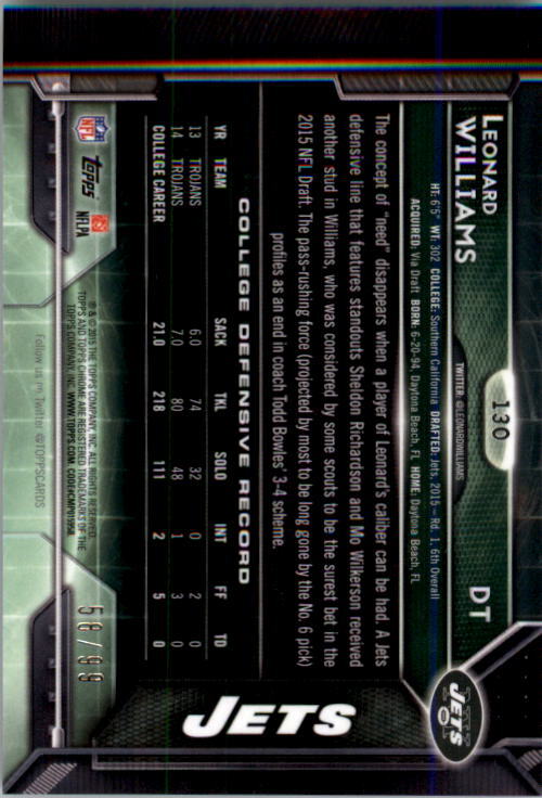 2015 Topps Chrome Sepia Refractors Jets Football Card #130 Leonard ...