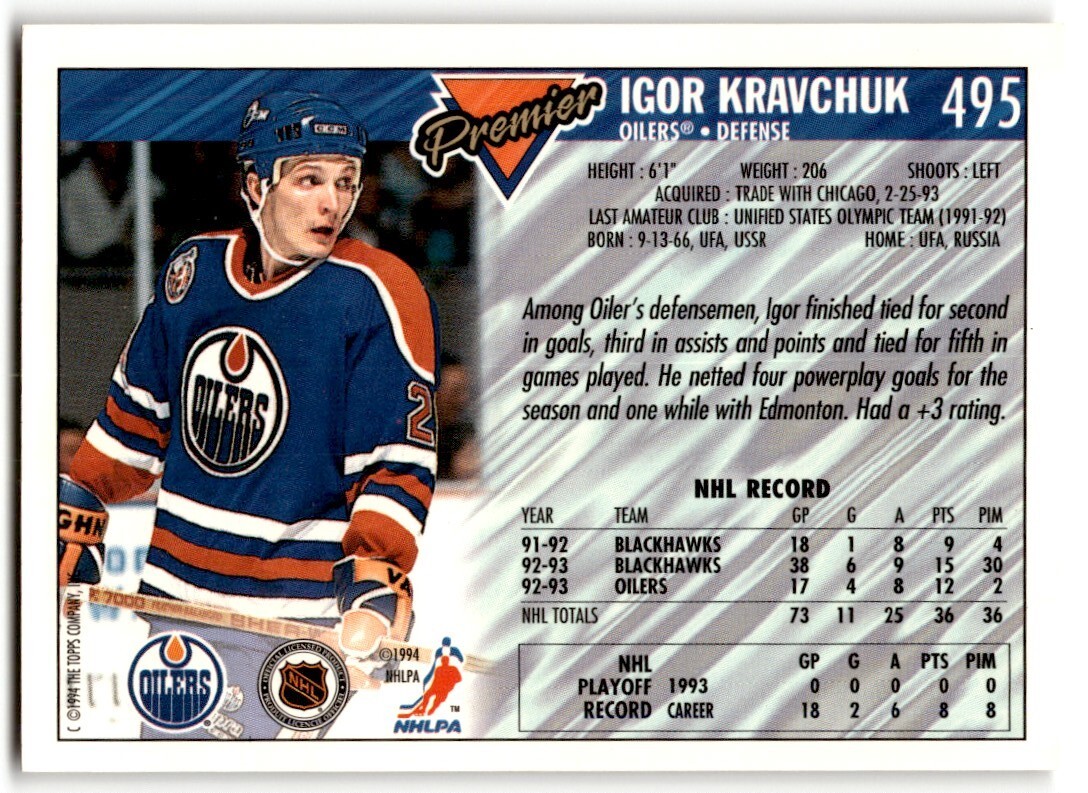 1993-94 Topps Premier Gold Igor Kravchuk #495 Edmonton Oilers | eBay