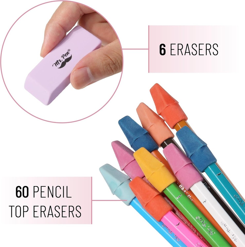 Mr. Pen- Pencil Erasers Set, 66 Pack, Colorful, Latex-Free, No Smudge ...