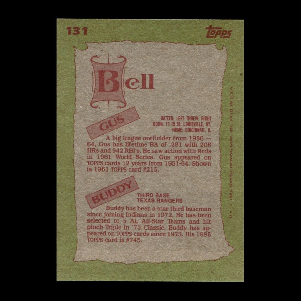 Gus Bell/Buddy Bell 1985 Topps Cincinnati Reds/Texas Rangers #131 R321G ...