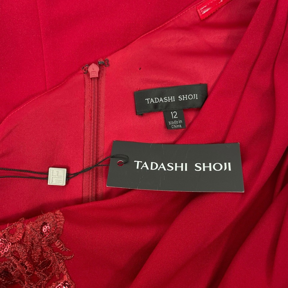NEW Tadashi Shoji One Shoulder Lace Insert Gown Geranium Red Women Size ...